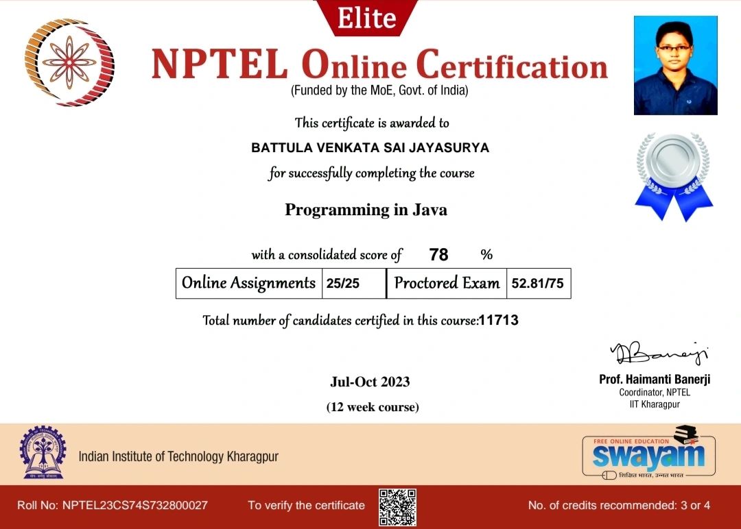 JAYASURYA B.V.S on LinkedIn: #nptelcertification #programminginjava # ... JAYASURYA B.V.S on LinkedIn: #nptelcertification #programminginjava # ...