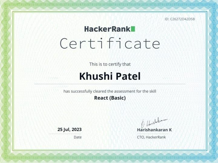 Patel Khushi on LinkedIn: #hackerrank #react Patel Khushi on LinkedIn: #hackerrank #react