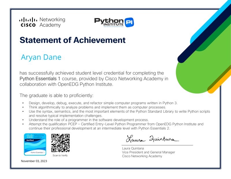 Aryan Dane on LinkedIn: #python #programming #certification #cisco # ... Aryan Dane on LinkedIn: #python #programming #certification #cisco # ...