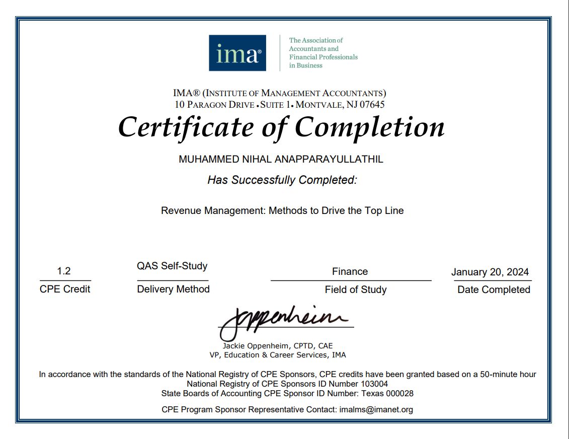 Muhammed Nihal AP on LinkedIn: Successfully completed IMA | Institute ... Muhammed Nihal AP on LinkedIn: Successfully completed IMA | Institute ...