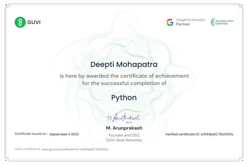 Deepti Mohapatra on LinkedIn: #guvi #guvigeeknetworks #guvicertified # ... Deepti Mohapatra on LinkedIn: #guvi #guvigeeknetworks #guvicertified # ...