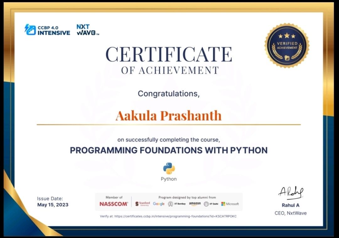 Aakula Prashanth on LinkedIn: #pythonprogramming #pythoncertificate # ... Aakula Prashanth on LinkedIn: #pythonprogramming #pythoncertificate # ...