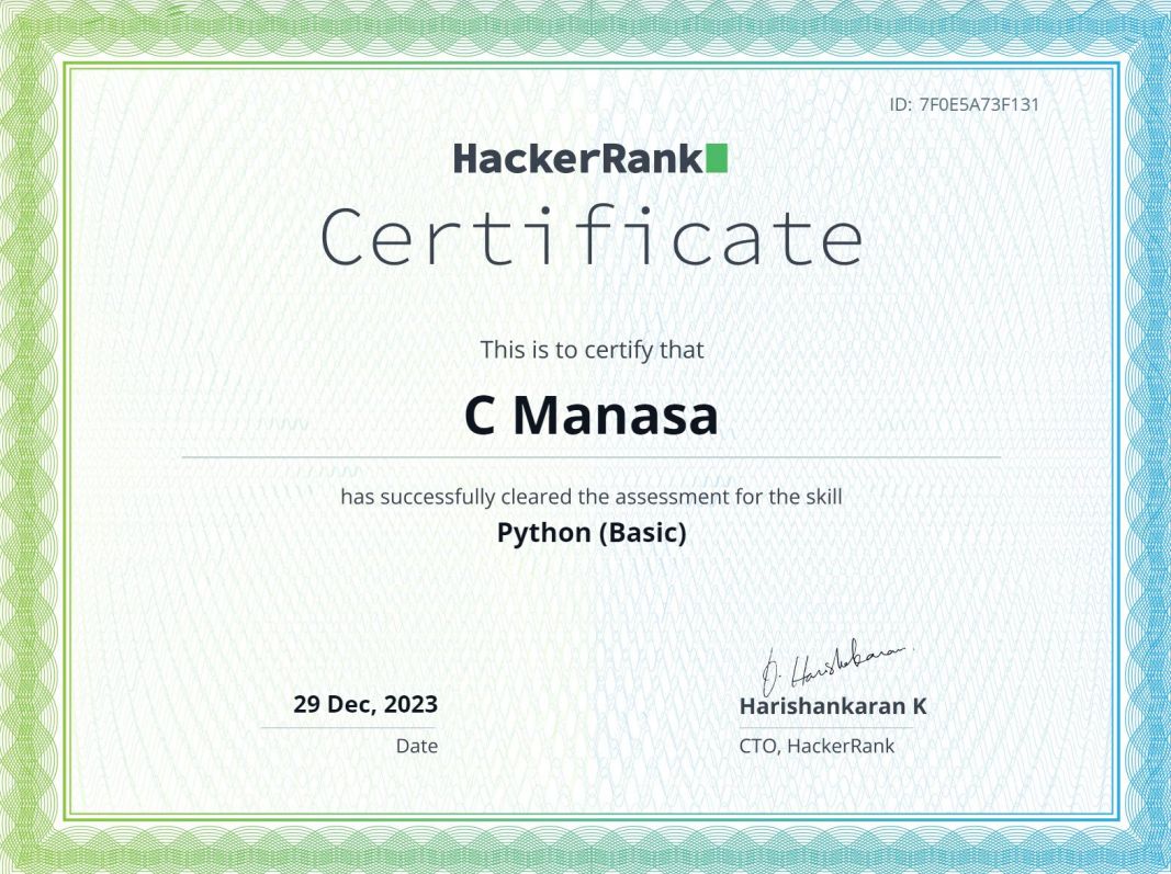 C Manasa on LinkedIn: #hackerrank #python #edunetfoundation C Manasa on LinkedIn: #hackerrank #python #edunetfoundation