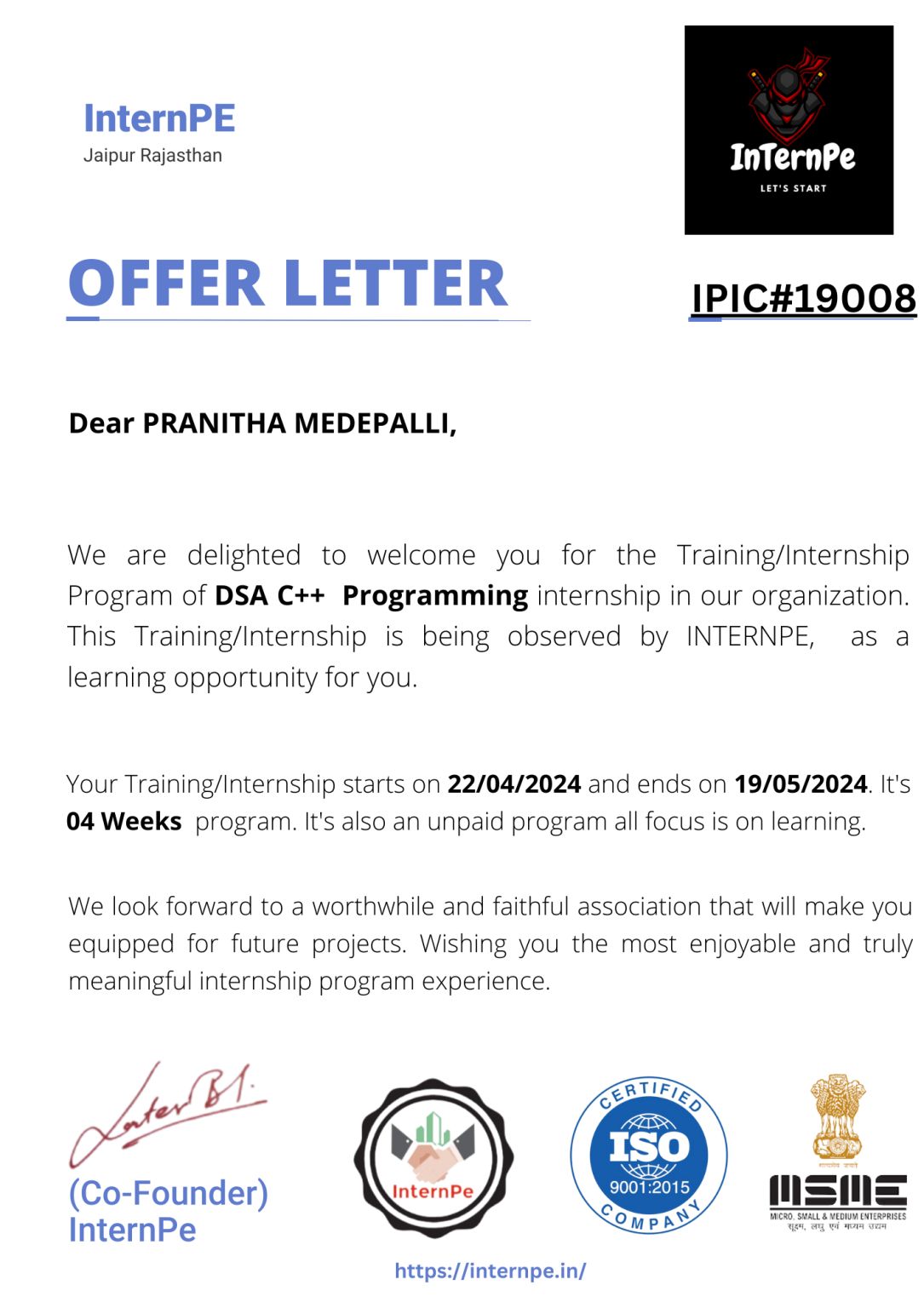 Pranitha Medepalli on LinkedIn: #internship #dsa #cplusplus #internpe Pranitha Medepalli on LinkedIn: #internship #dsa #cplusplus #internpe