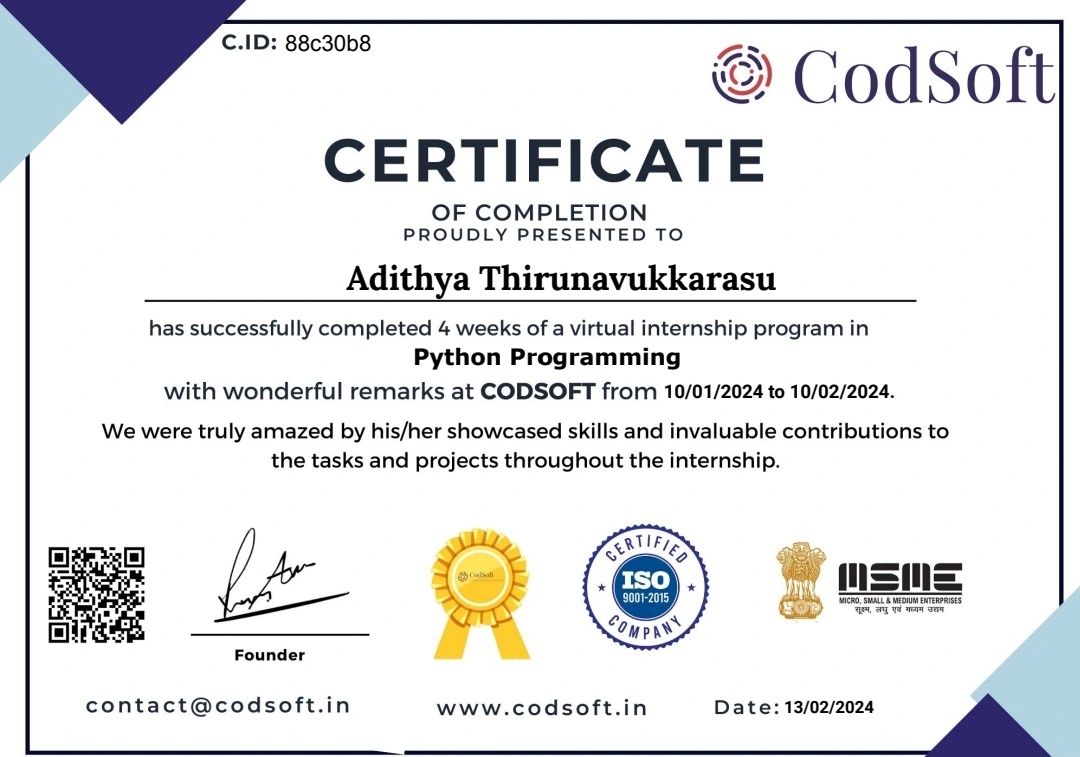 Adithya thirunavukkarasu on LinkedIn: #python #internship #codsoft Adithya thirunavukkarasu on LinkedIn: #python #internship #codsoft