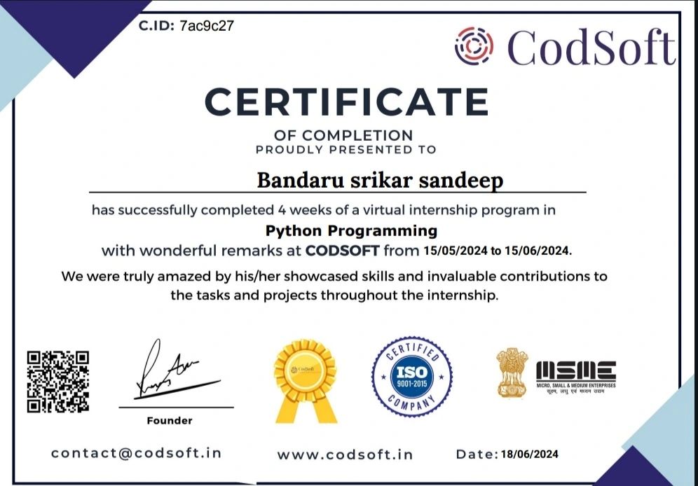 Sandeep Bandaru on LinkedIn: #python #codsoft Sandeep Bandaru on LinkedIn: #python #codsoft