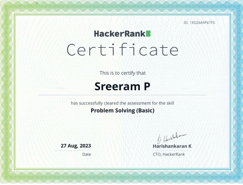 Sreeram P on LinkedIn: #problemsolvingcertificate #codingmilestone # ... Sreeram P on LinkedIn: #problemsolvingcertificate #codingmilestone # ...