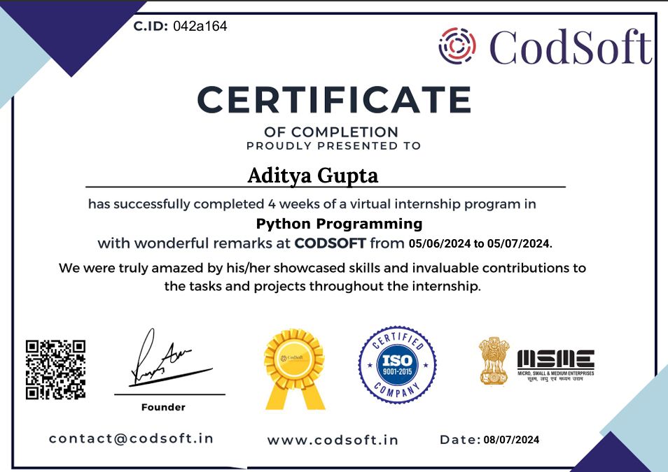 Aditya Gupta on LinkedIn: #pythonprogramming #internship #codsoft # ... Aditya Gupta on LinkedIn: #pythonprogramming #internship #codsoft # ...