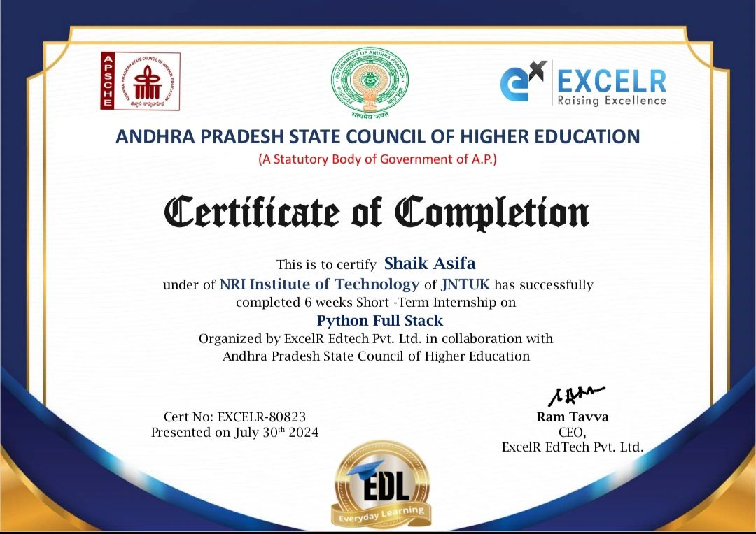 Shaik Asifa on LinkedIn: #pythonfullstack #excelr #techjourney Shaik Asifa on LinkedIn: #pythonfullstack #excelr #techjourney