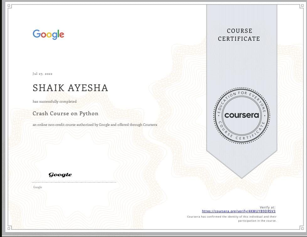 SHAIK AYESHA on LinkedIn: #python #programming #google #coursera # ... SHAIK AYESHA on LinkedIn: #python #programming #google #coursera # ...