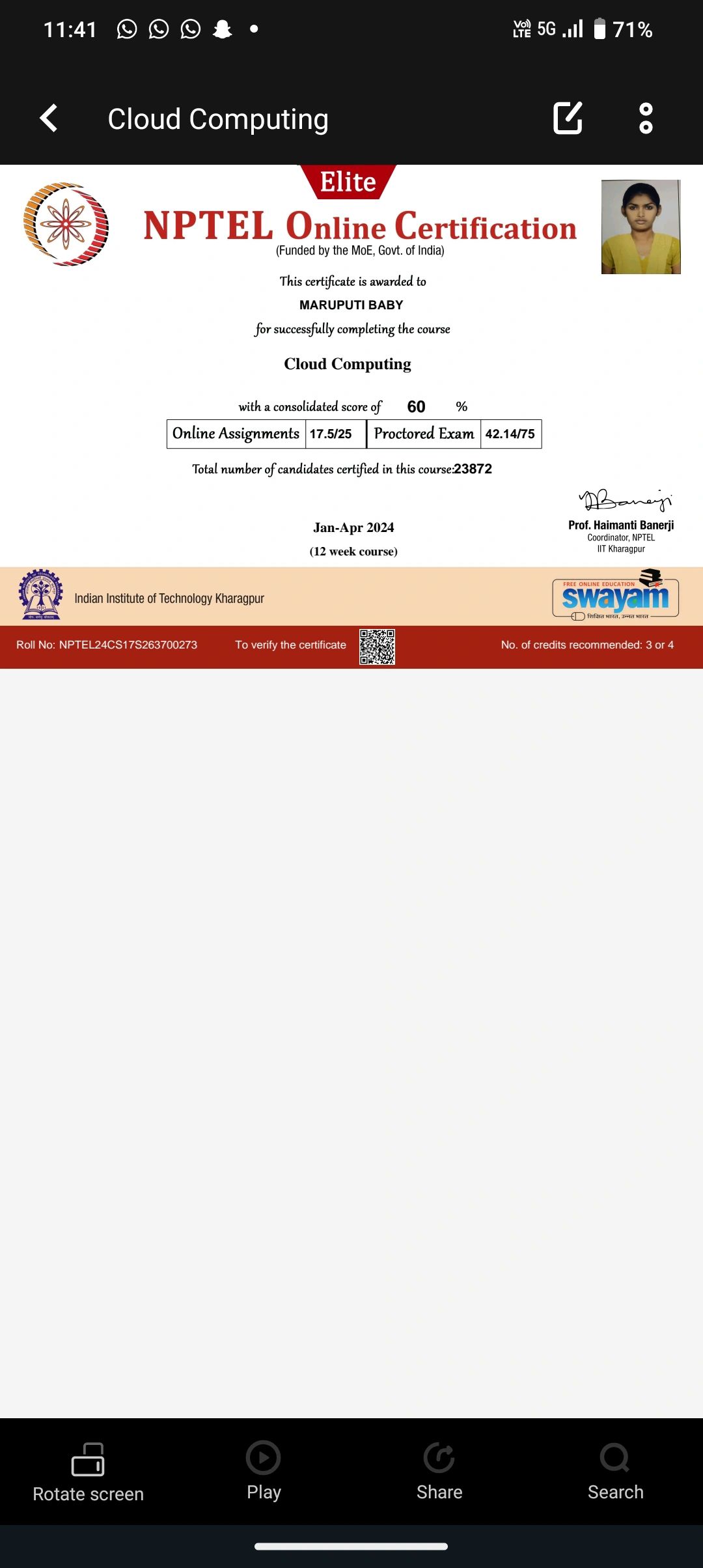 Baby Maruputi on LinkedIn: I got a NPTEL certificate on cloud computing ... Baby Maruputi on LinkedIn: I got a NPTEL certificate on cloud computing ...