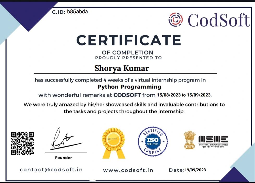 Shorya Kumar on LinkedIn: #codsoft Shorya Kumar on LinkedIn: #codsoft
