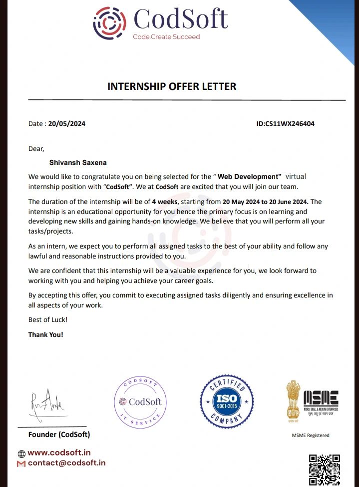 Shivansh Saxena on LinkedIn: #codsoft #internship # ... Shivansh Saxena on LinkedIn: #codsoft #internship # ...