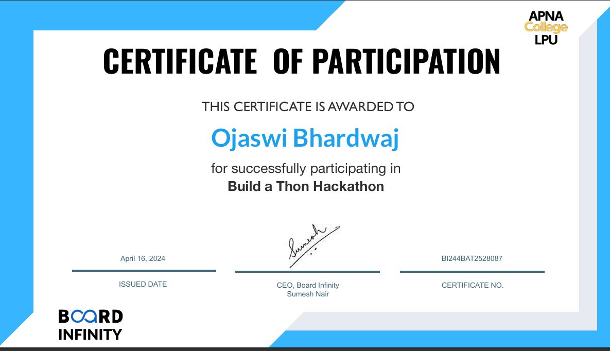 Ojaswi Bhardwaj on LinkedIn: I participated in the Buildathon event ... Ojaswi Bhardwaj on LinkedIn: I participated in the Buildathon event ...