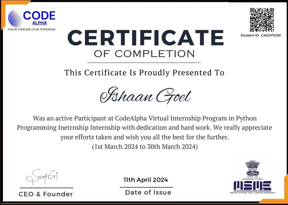 Ishaan Goel on LinkedIn: #python #internship #codealpha Ishaan Goel on LinkedIn: #python #internship #codealpha