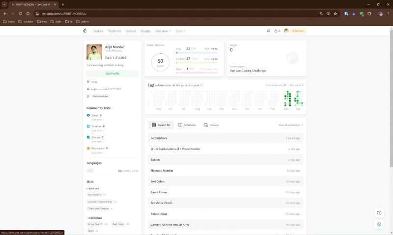 Arijit Mondal on LinkedIn: I have completed 50 LeetCode DSA problems Arijit Mondal on LinkedIn: I have completed 50 LeetCode DSA problems