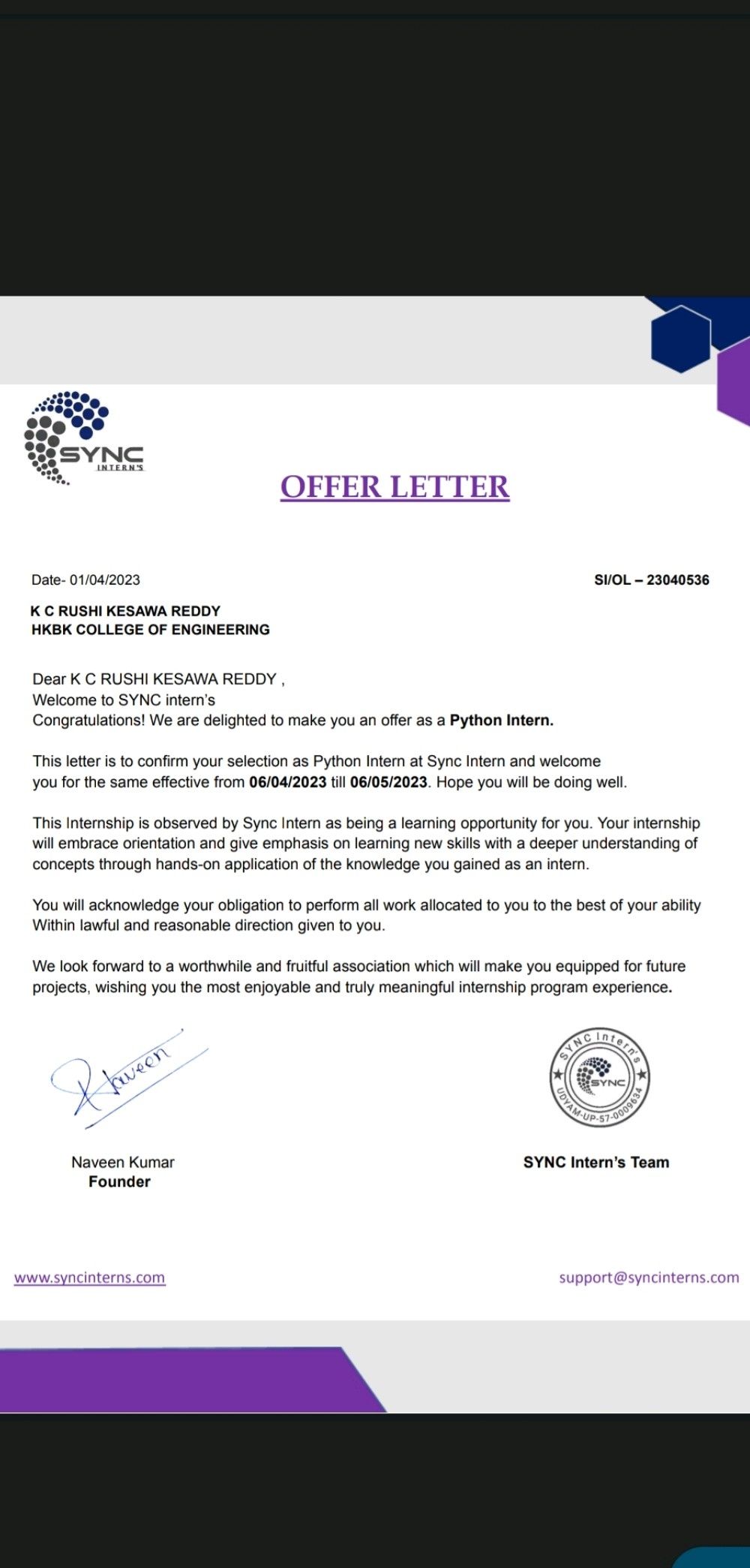K C Rushi Kesawa Reddy on LinkedIn: #python #intern #internship #syncintern K C Rushi Kesawa Reddy on LinkedIn: #python #intern #internship #syncintern