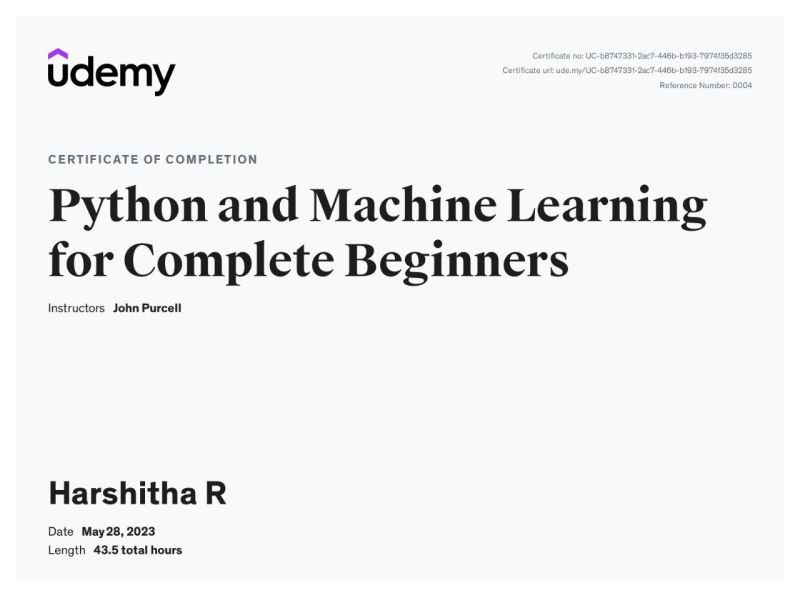 Harshitha R on LinkedIn: Successfully completed Python & Machine ... Harshitha R on LinkedIn: Successfully completed Python & Machine ...