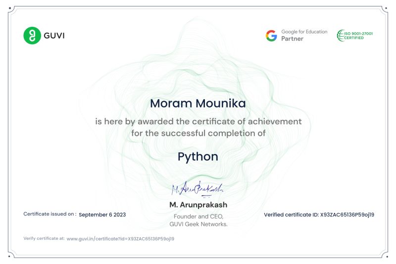 Mounika Moram on LinkedIn: #guvi #python #certification Mounika Moram on LinkedIn: #guvi #python #certification