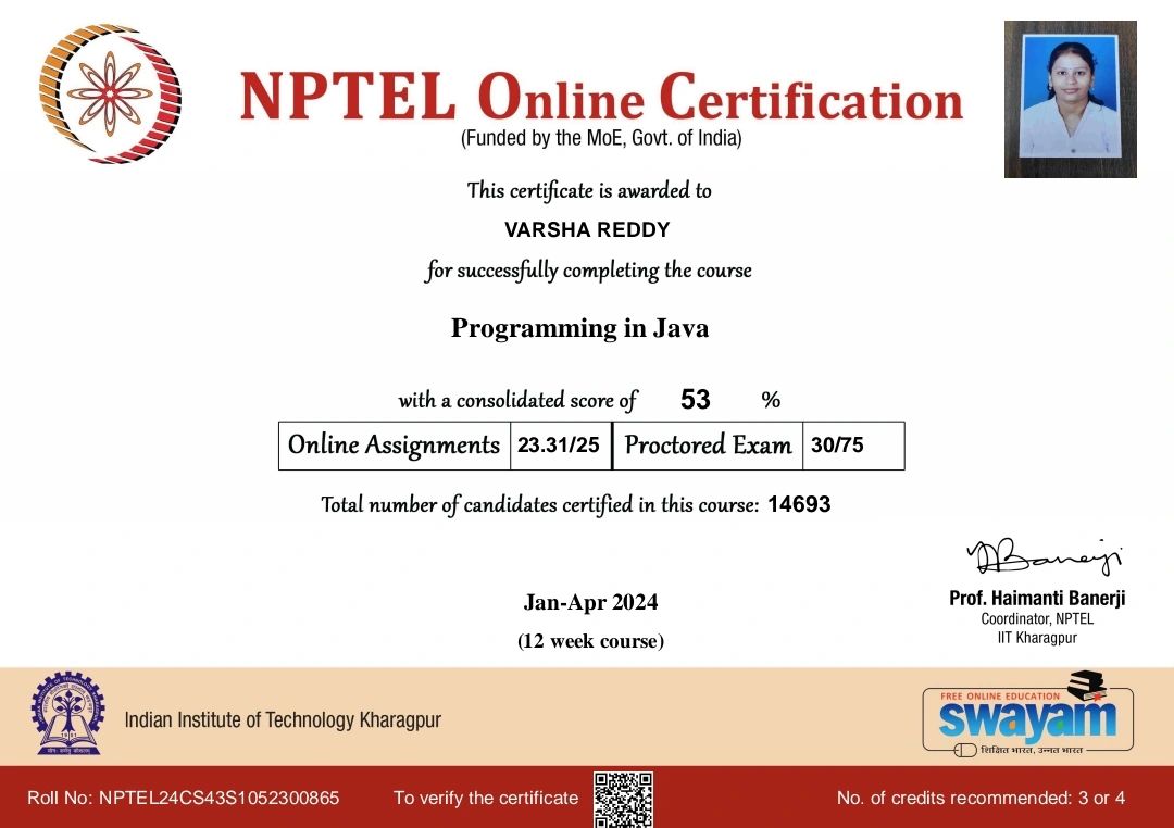 Varsha Reddy on LinkedIn: #java #nptel #programming #certification #goals Varsha Reddy on LinkedIn: #java #nptel #programming #certification #goals