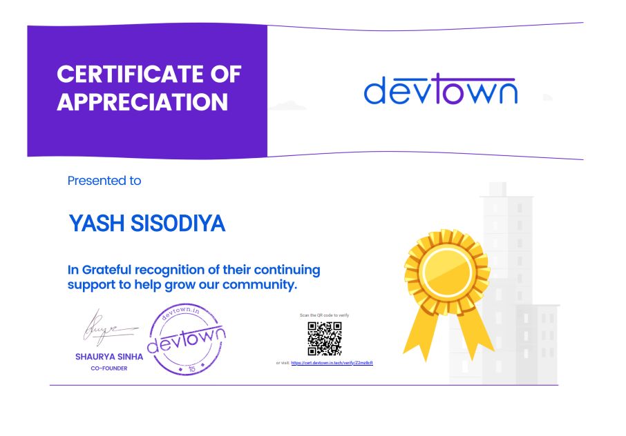 yash sisodiya on LinkedIn: Certificate of Appreciation By Devtown yash sisodiya on LinkedIn: Certificate of Appreciation By Devtown