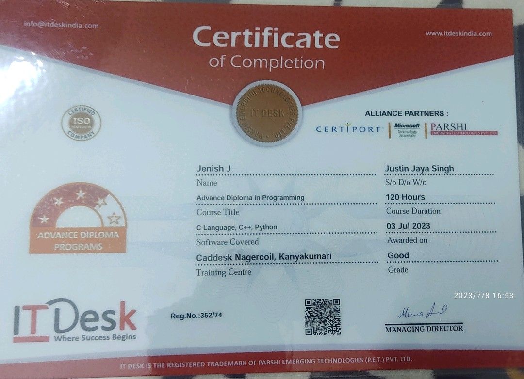 Jenish J on LinkedIn: successfully completed c ,cpp,python Jenish J on LinkedIn: successfully completed c ,cpp,python