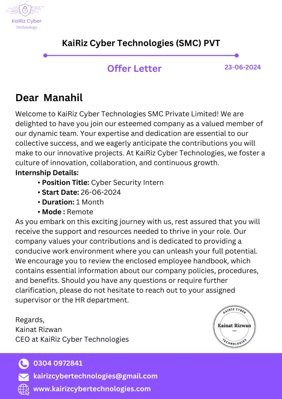 Manahil Ch on LinkedIn: Honored to begin my internship at KaiRiz Cyber ... Manahil Ch on LinkedIn: Honored to begin my internship at KaiRiz Cyber ...