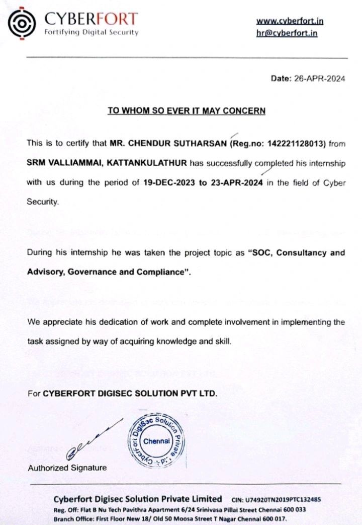 Chendur Sutharsan A C M on LinkedIn: #cybersecurity #internship #soc #siem Chendur Sutharsan A C M on LinkedIn: #cybersecurity #internship #soc #siem