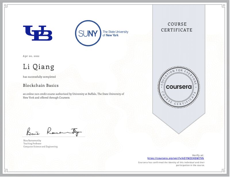 Qiang Li on LinkedIn: Completion Certificate for Blockchain Basics Qiang Li on LinkedIn: Completion Certificate for Blockchain Basics