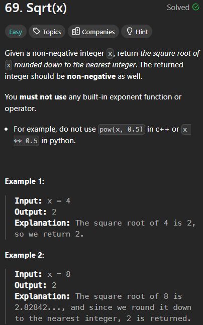 Hao Lam on LinkedIn: Random Leetcode Series Problem #69 - Sqrt(x) https ... Hao Lam on LinkedIn: Random Leetcode Series Problem #69 - Sqrt(x) https ...