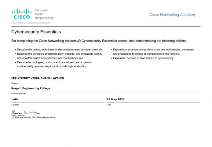 Yerikireddy Veera dhanalakshmi on LinkedIn: #cisco #certificate # ... Yerikireddy Veera dhanalakshmi on LinkedIn: #cisco #certificate # ...