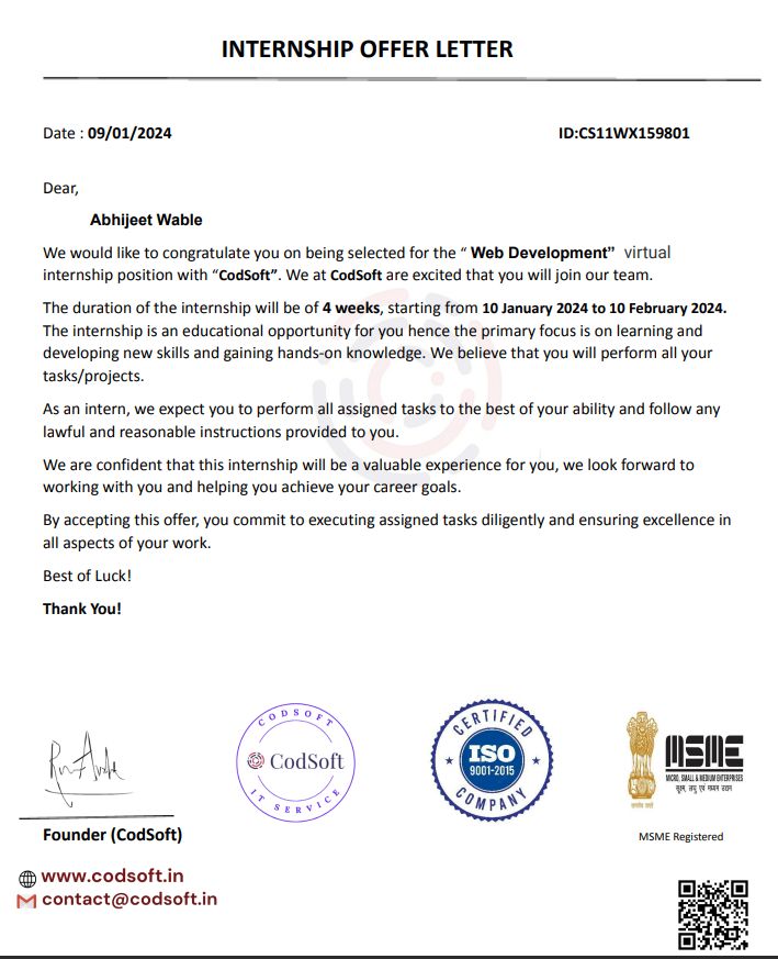 Abhijeet Wable on LinkedIn: @Codsoft Internship offer letter Abhijeet Wable on LinkedIn: @Codsoft Internship offer letter
