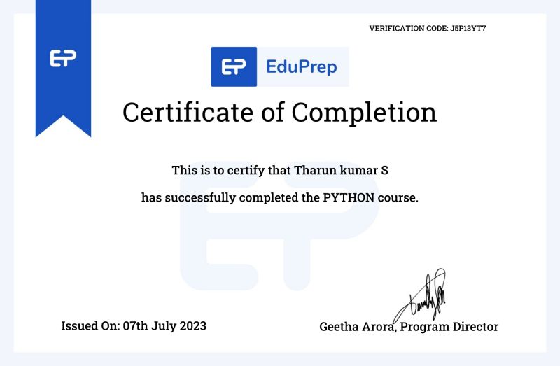 Tharun kumar S on LinkedIn: successfully completed a python course in ... Tharun kumar S on LinkedIn: successfully completed a python course in ...