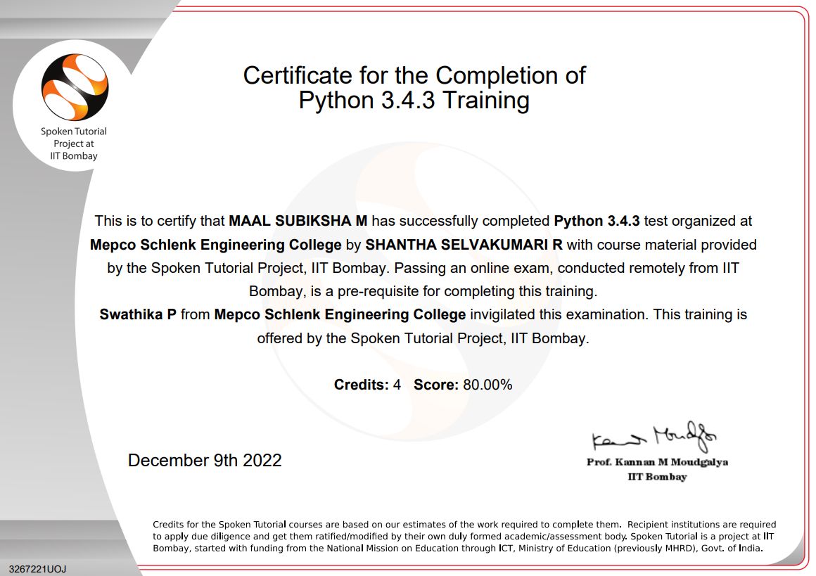 MAAL SUBIKSHA MUKUNTHARAJ on LinkedIn: #python #certification # ... MAAL SUBIKSHA MUKUNTHARAJ on LinkedIn: #python #certification # ...
