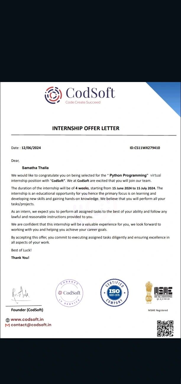 Samatha Thalla on LinkedIn: #internship #codesoft #python #programming ... Samatha Thalla on LinkedIn: #internship #codesoft #python #programming ...