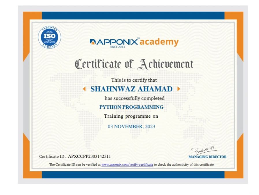 SHAHNWAZ AHAMAD on LinkedIn: Completion certificate of PYTHON Programming. SHAHNWAZ AHAMAD on LinkedIn: Completion certificate of PYTHON Programming.