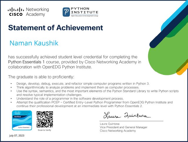 Naman Kaushik on LinkedIn: #python #pythonprogramming #cisco #achievement Naman Kaushik on LinkedIn: #python #pythonprogramming #cisco #achievement