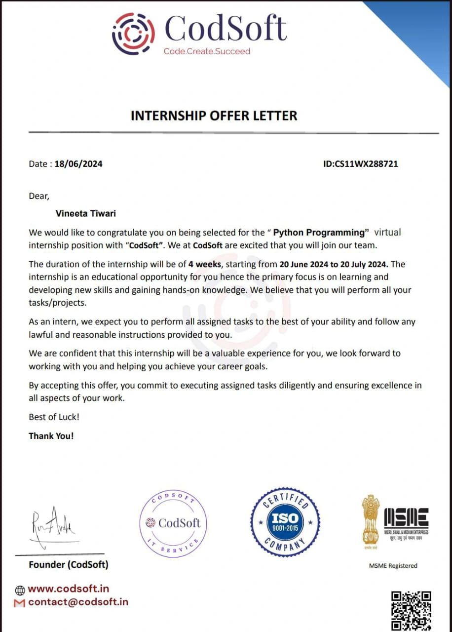 Vineeta Tiwari on LinkedIn: #codsoft #internship #pythonprogramming #coding Vineeta Tiwari on LinkedIn: #codsoft #internship #pythonprogramming #coding