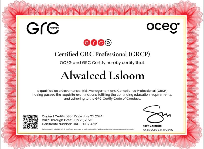 Alwaleed Lsloom , IFCE , GRCP , GRCA on LinkedIn: #grcp #oceg #grc # ... Alwaleed Lsloom , IFCE , GRCP , GRCA on LinkedIn: #grcp #oceg #grc # ...