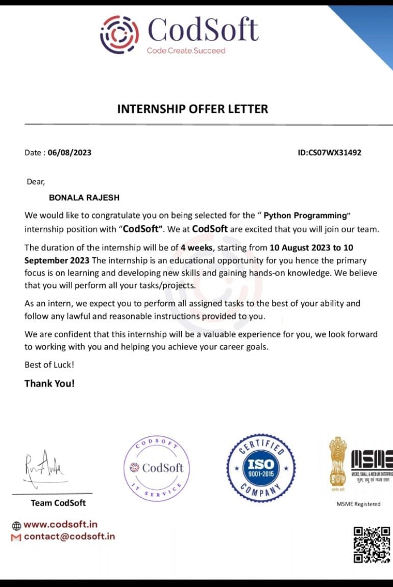 Bonala Rajesh on LinkedIn: #python #codesoft #intern Bonala Rajesh on LinkedIn: #python #codesoft #intern