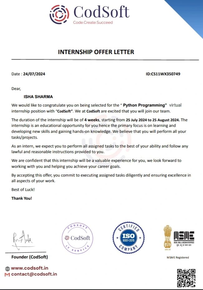 Isha sharma on LinkedIn: #codesoft #codesoft #pythonprogrammer #internship Isha sharma on LinkedIn: #codesoft #codesoft #pythonprogrammer #internship