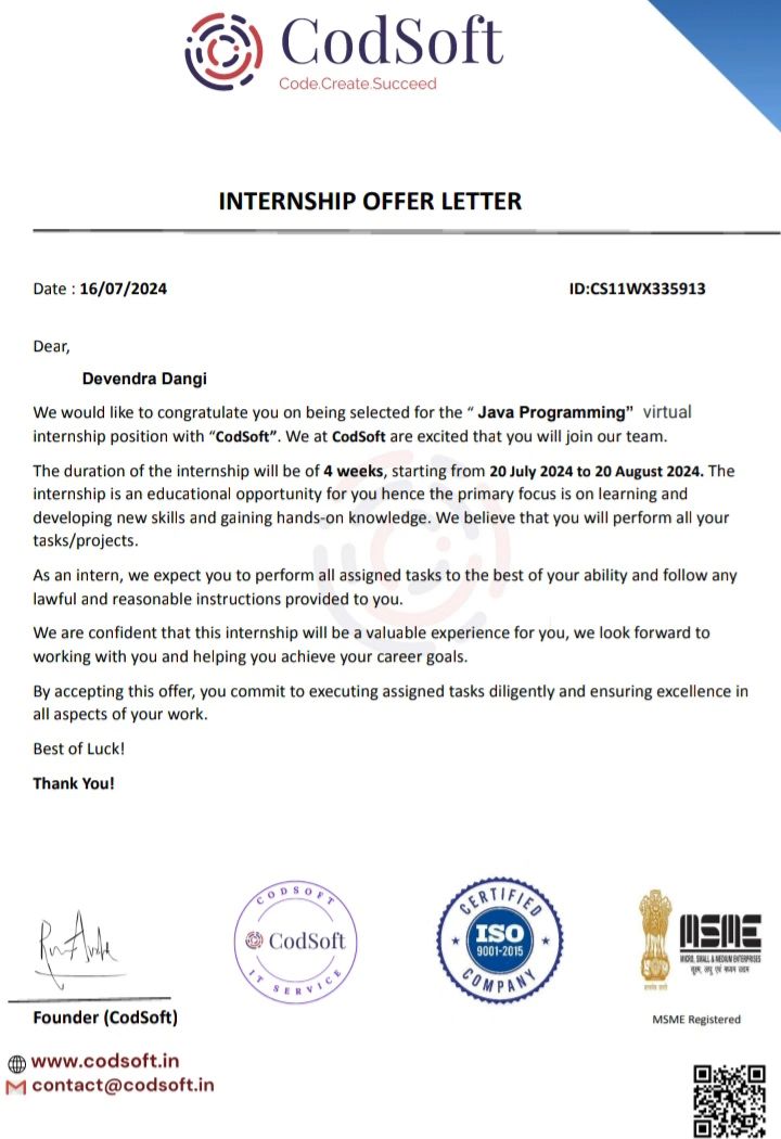 Devendra Dangi on LinkedIn: #connections #java #internship #codsoft # ... Devendra Dangi on LinkedIn: #connections #java #internship #codsoft # ...