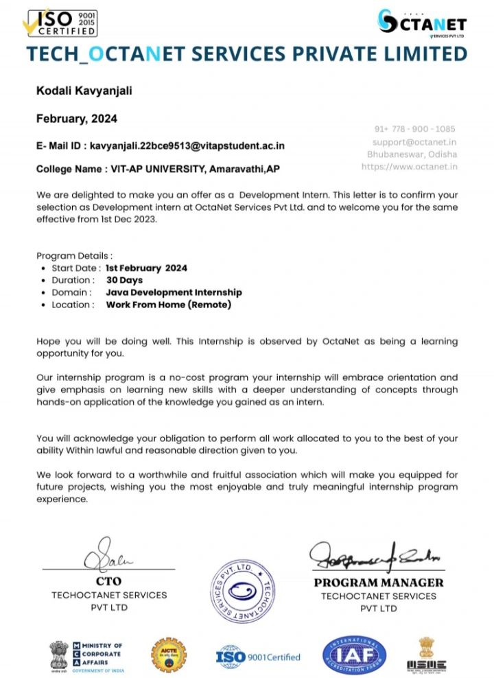 Kodali Kavyanjali on LinkedIn: #octanet #javadevelopment #internship Kodali Kavyanjali on LinkedIn: #octanet #javadevelopment #internship