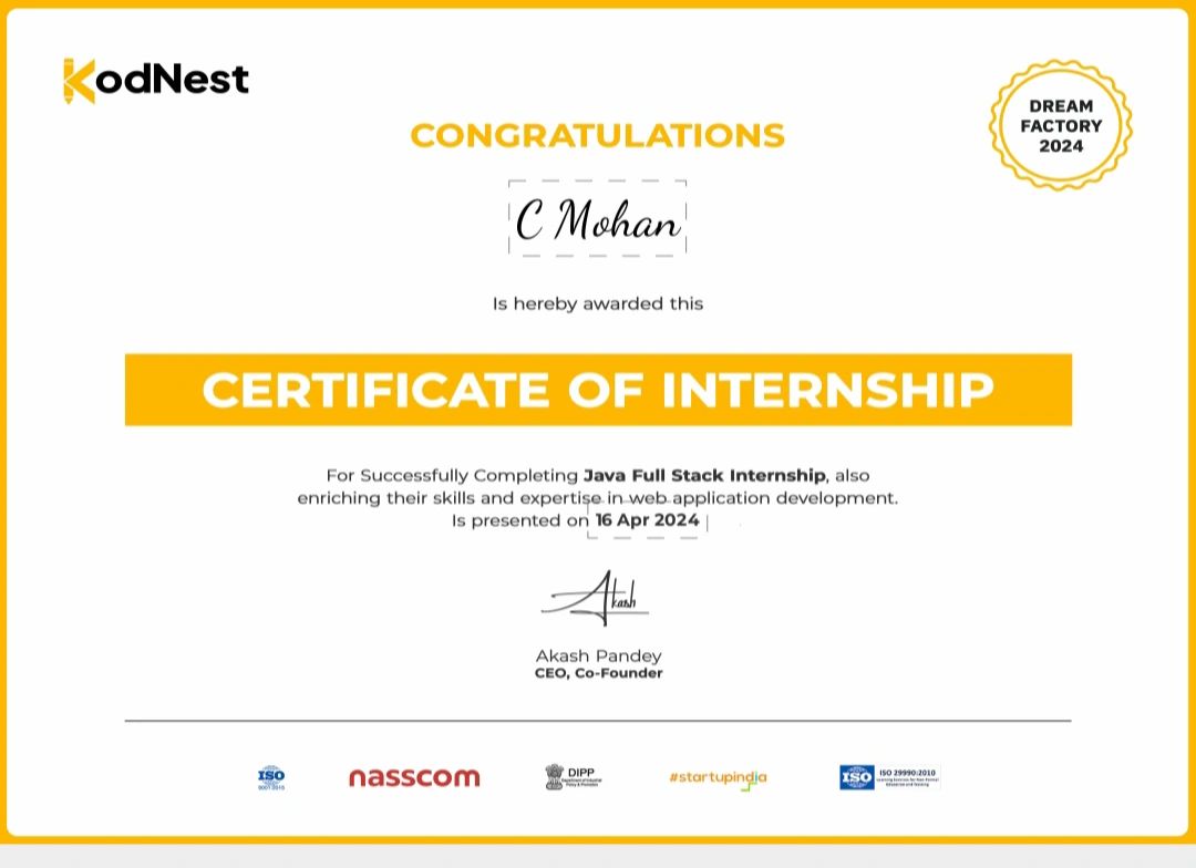 C Mohan on LinkedIn: #javafullstack #internship #kodnest C Mohan on LinkedIn: #javafullstack #internship #kodnest