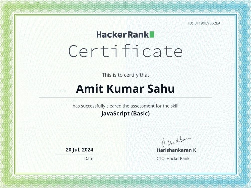 Amit Kumar Sahu on LinkedIn: JavaScript (basic) certificate by hackerRank Amit Kumar Sahu on LinkedIn: JavaScript (basic) certificate by hackerRank