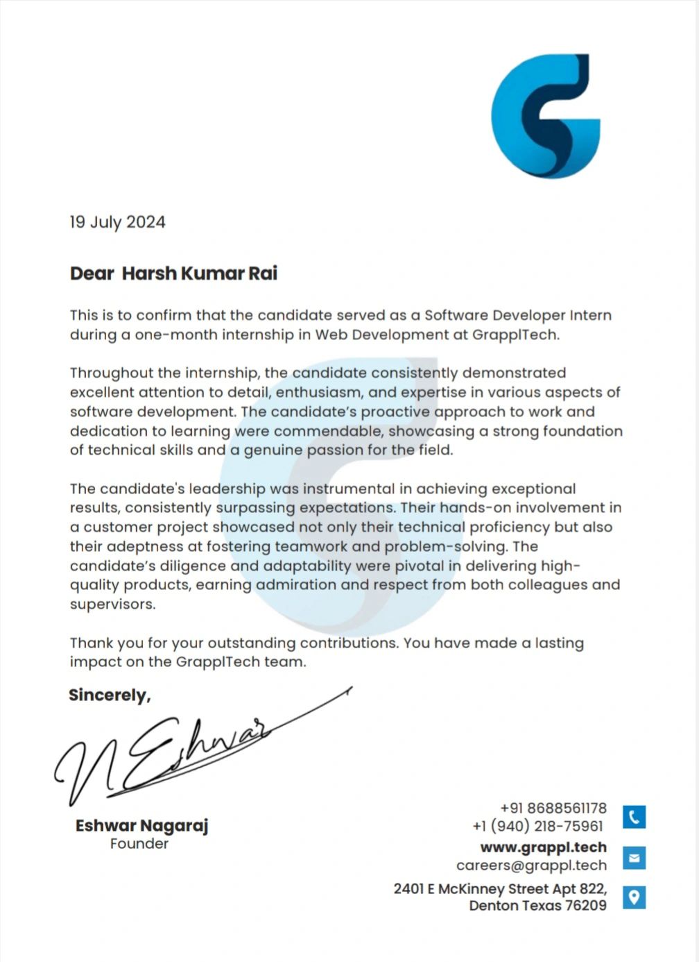 Harsh Kumar Rai on LinkedIn: #grappltech #internship #completed Harsh Kumar Rai on LinkedIn: #grappltech #internship #completed