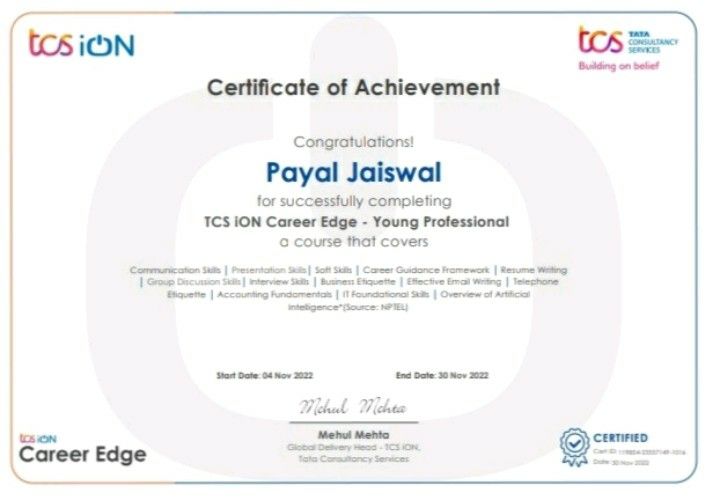 Payal Jaiswal on LinkedIn: tcs certificate Payal Jaiswal on LinkedIn: tcs certificate