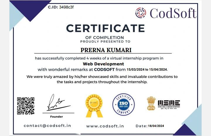 Prerna Kumari on LinkedIn: #webdevelopment #codsoft #internship Prerna Kumari on LinkedIn: #webdevelopment #codsoft #internship