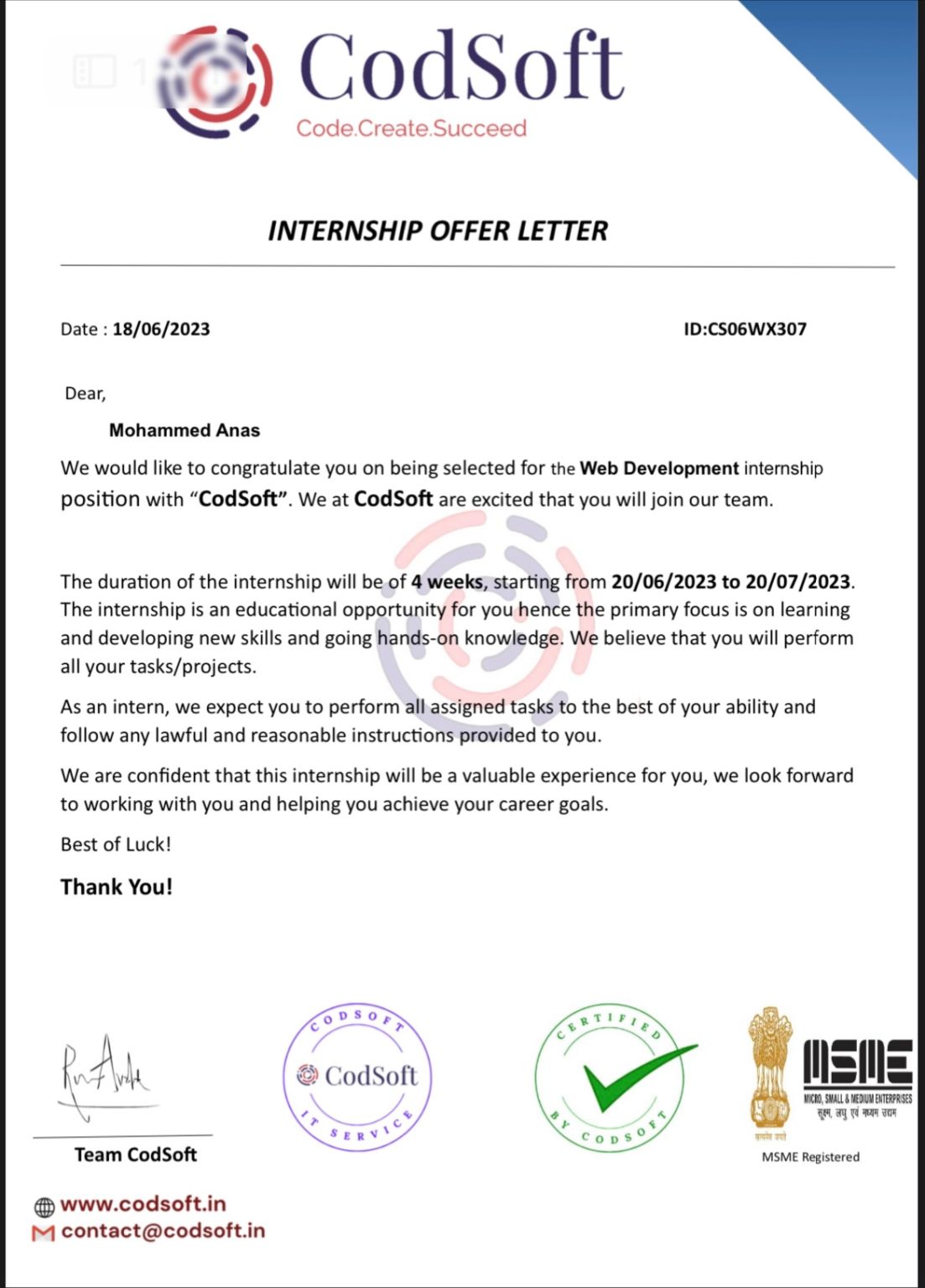 Mohammed Anas on LinkedIn: #internshipoffer #webdevelopment #codsoft # ... Mohammed Anas on LinkedIn: #internshipoffer #webdevelopment #codsoft # ...