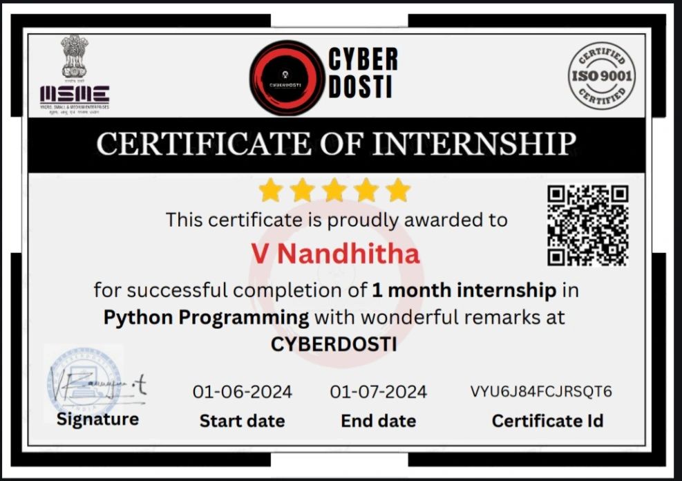Nandhitha V on LinkedIn: #cyberdosti #python #internship #cyberdosti # ... Nandhitha V on LinkedIn: #cyberdosti #python #internship #cyberdosti # ...